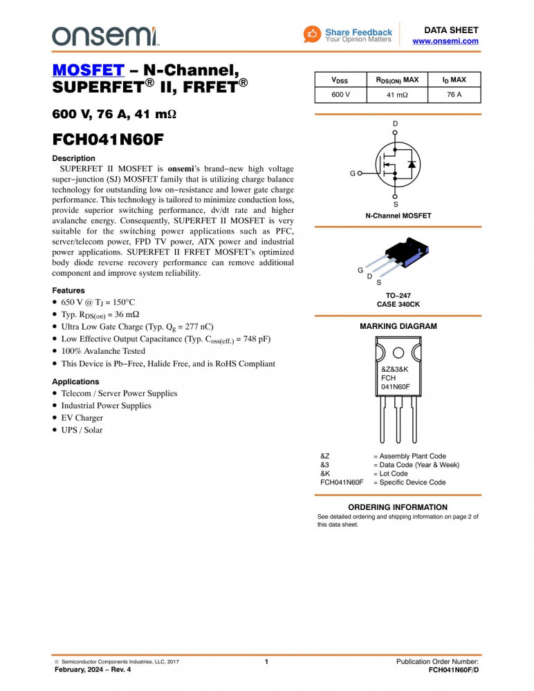 FCH041N60F datasheet page 1