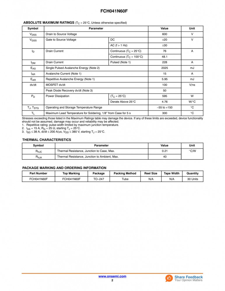 FCH041N60F datasheet page 2