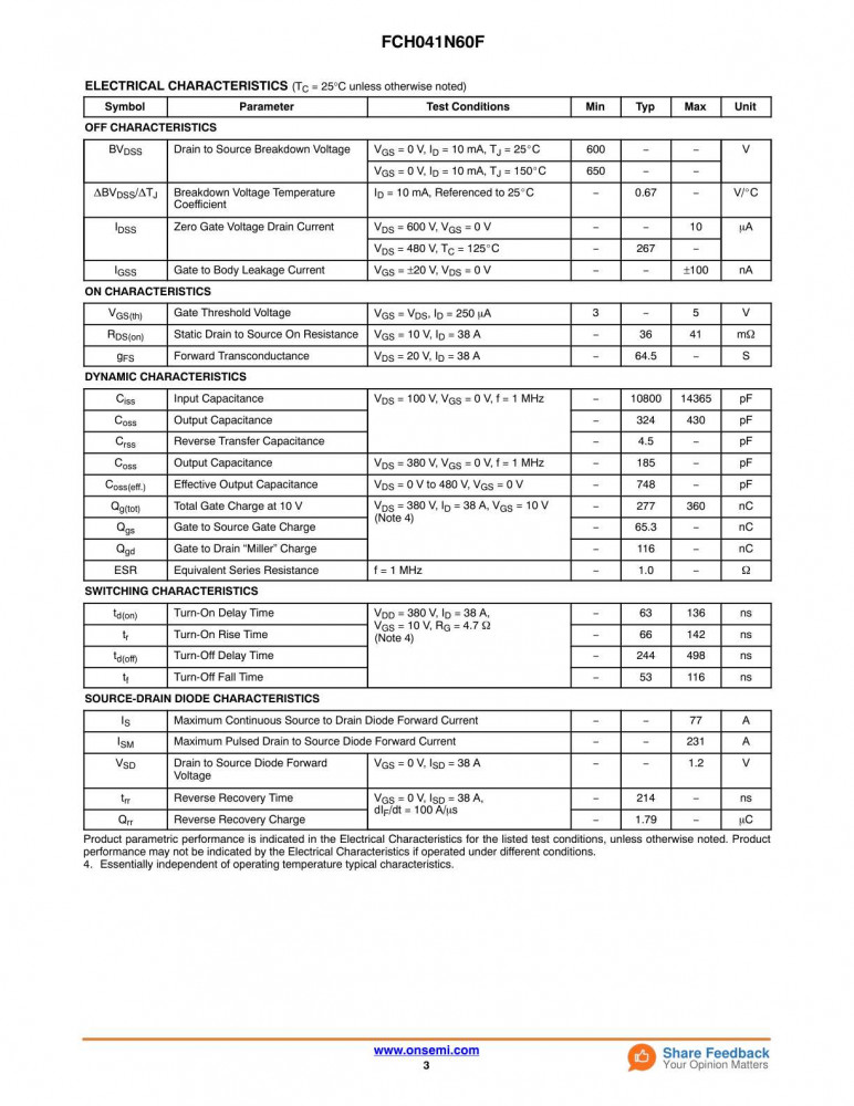 FCH041N60F datasheet page 3