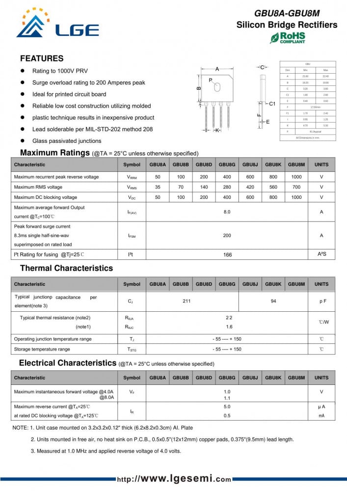LGE GBU8J datasheet page 1