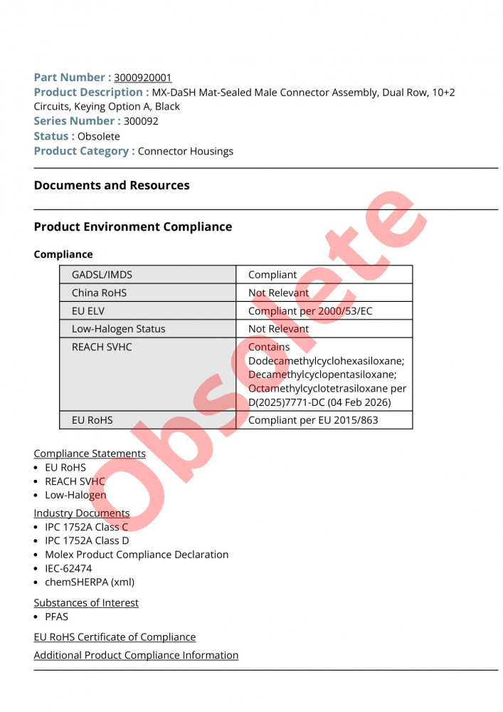 Technical document image 1 for MOLEX 3000920001