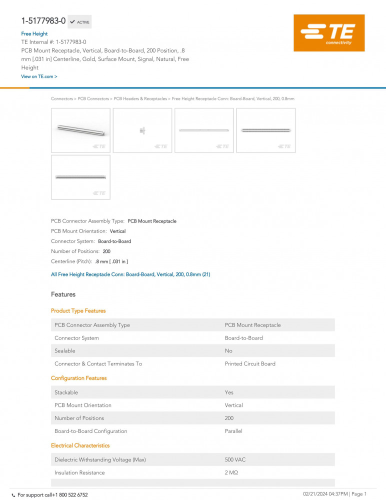 TE Connectivity product document page 1