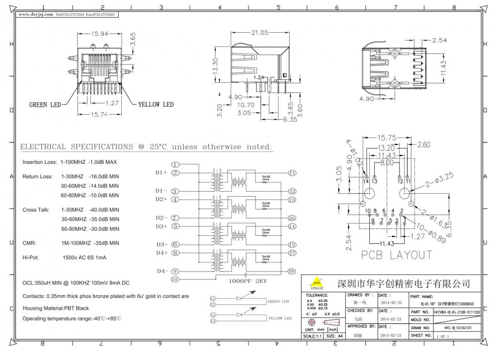 HOAUC HYCW60-RJ45-210B-911130C engineering drawing