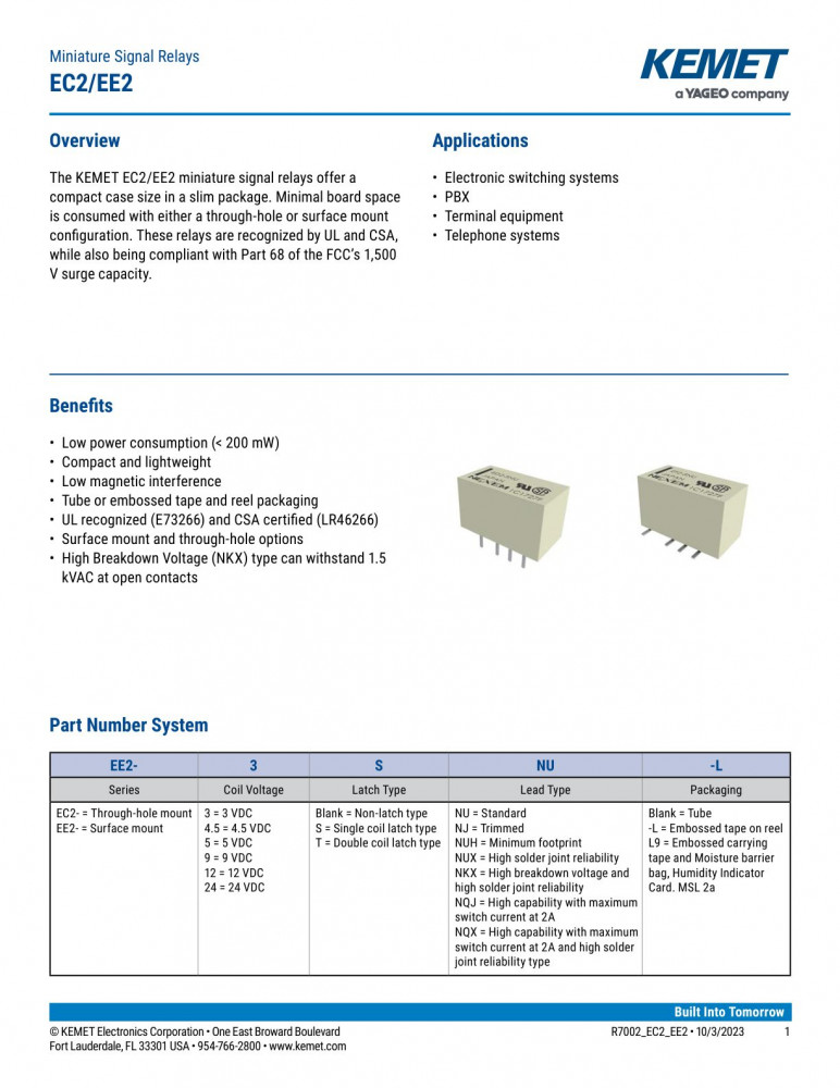 KEMET EE2 relay datasheet page 1