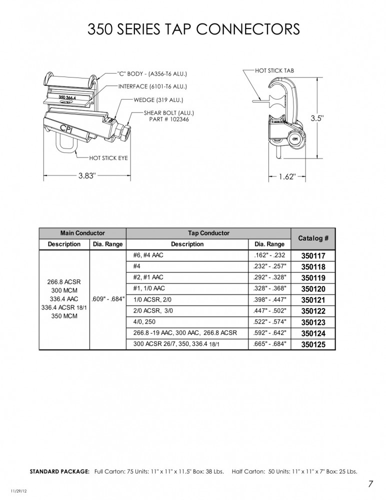 Burndy 350 Series tap connector document page
