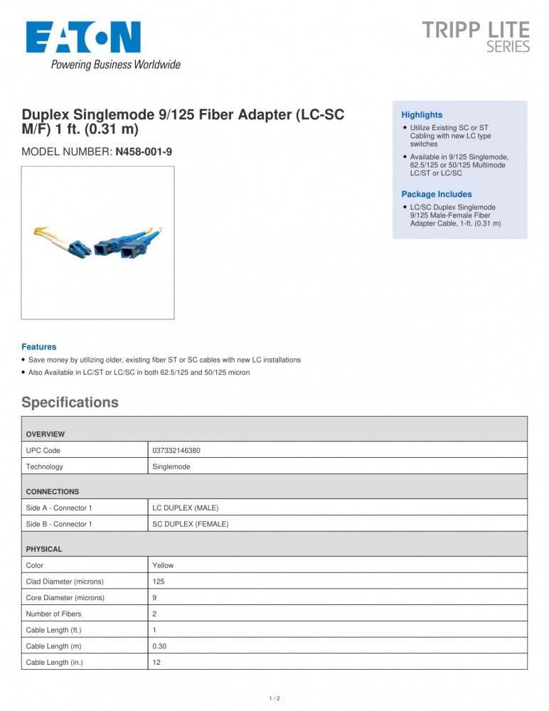 N458-001-9 product document image, page 1