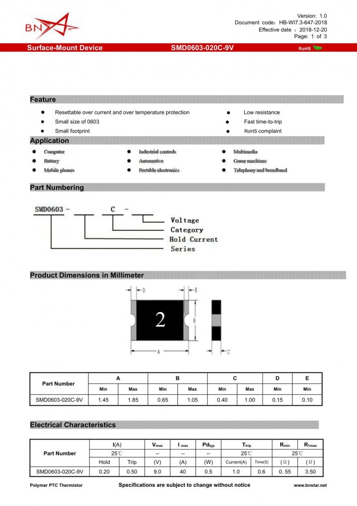 BNstar SMD0603-020C-9V datasheet page 1
