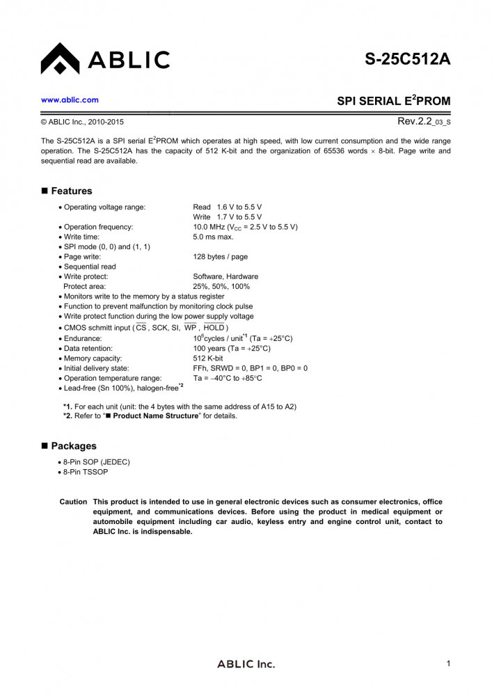ABLIC S-25C512A datasheet page 1