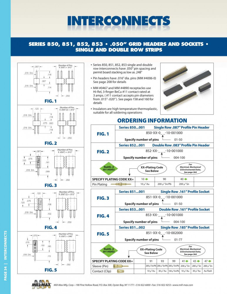 Mill-Max Series 850 to 853 .050-inch grid headers and sockets document preview