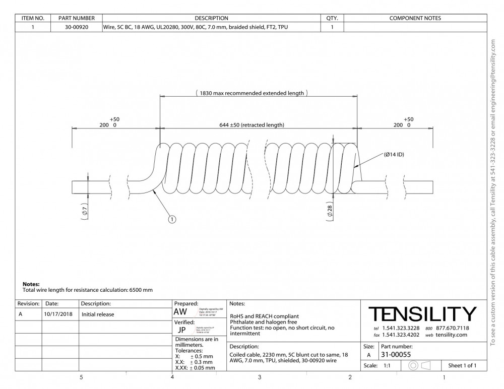 Tensility International cable assembly drawing for product 31-00055