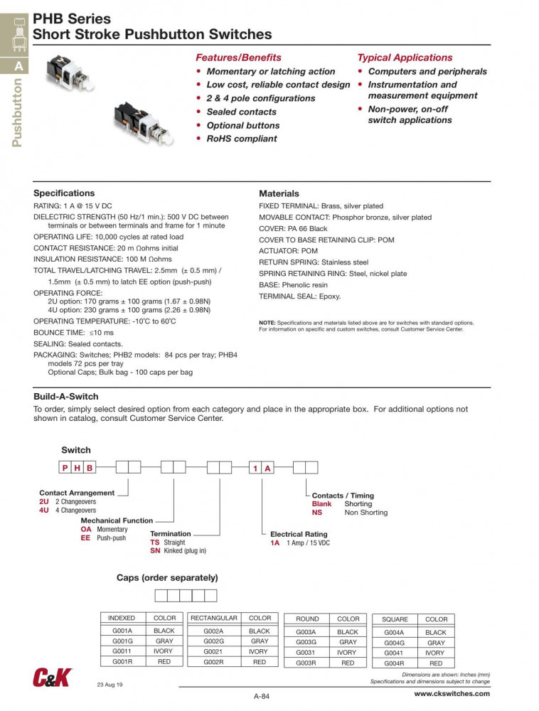 C&K PHB Series technical document page 1