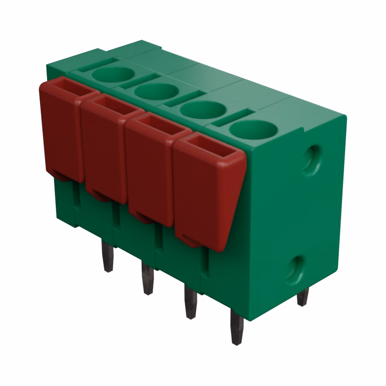 5.00mm Pitch, Eurostyle Fixed-Mount Push-Button Terminal Block, Vertical, 10A, 22-14 AWG, Green, 4 Circuits for sale