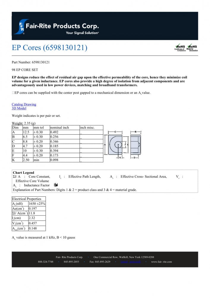 Fair-Rite 6598130121 catalog drawing and technical data