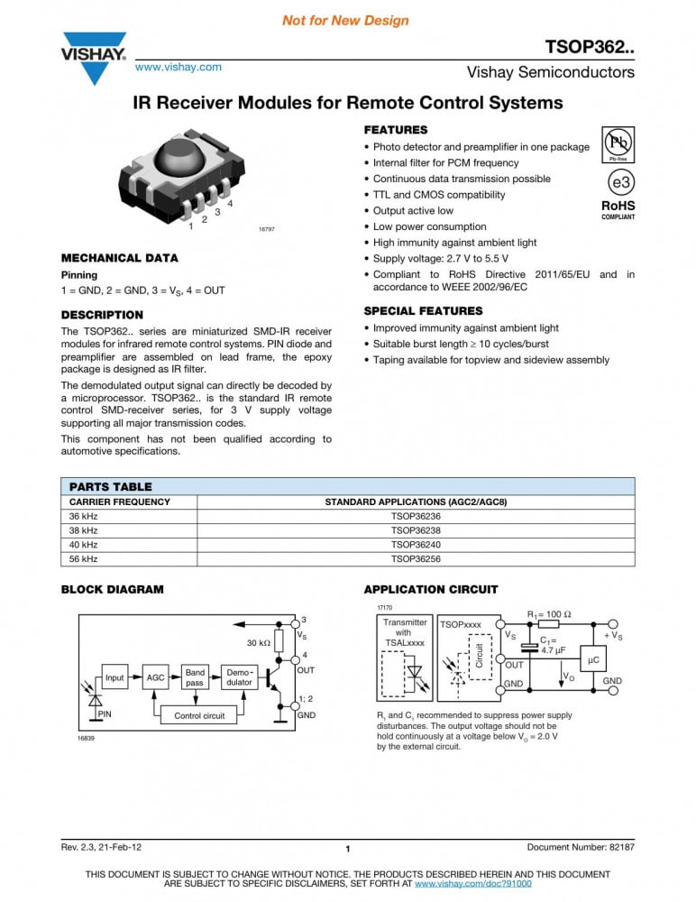 TSOP36240TT datasheet page 1
