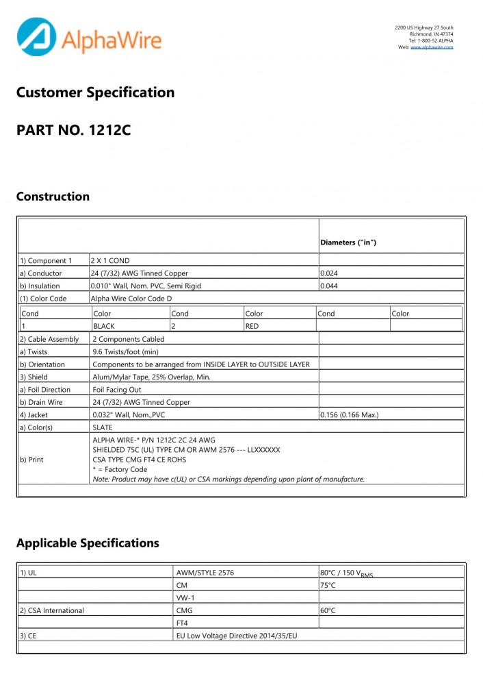 Alpha Wire 1212C technical specification page 1