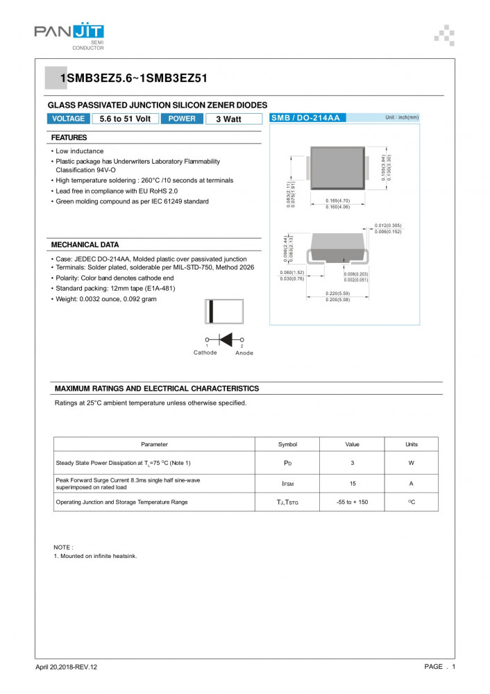 PANJIT 1SMB3EZ18 datasheet page 1
