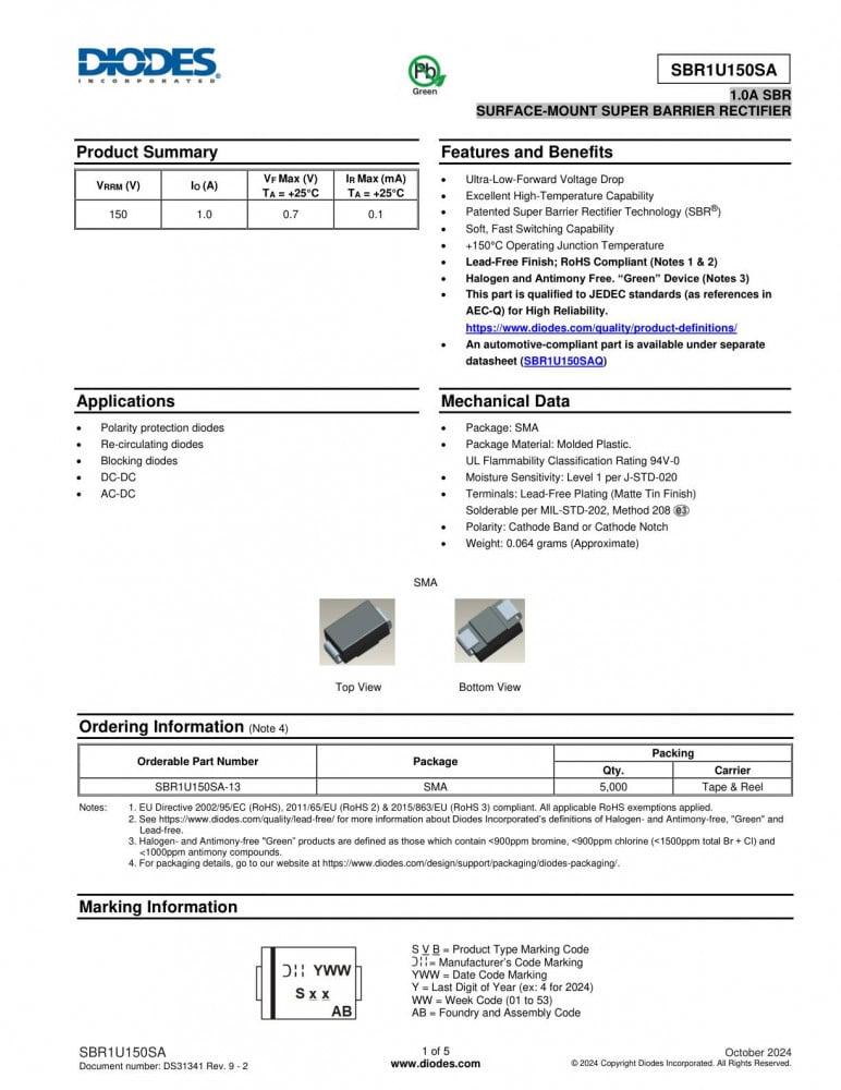 SBR1U150SA-13 datasheet page 1