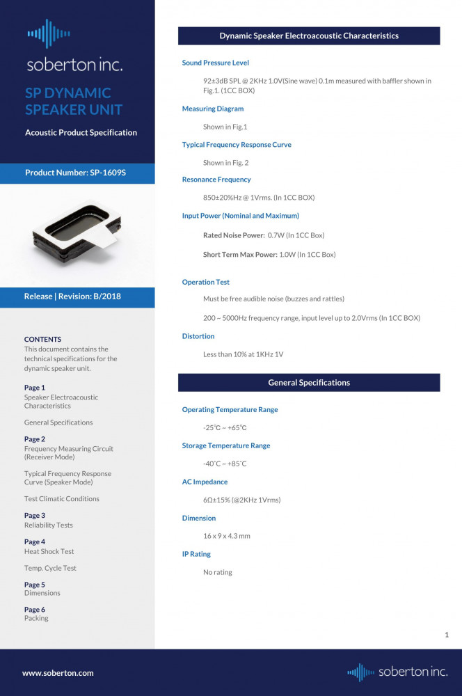SP-1609S product specification page 1