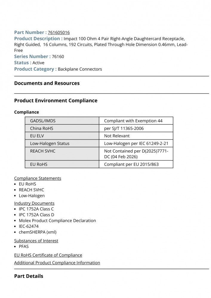 MOLEX 761605016 technical document page 1
