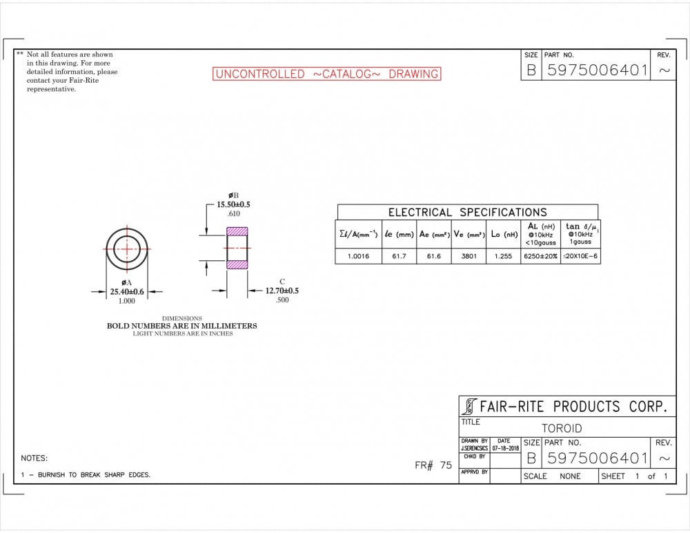 Fair-Rite 5975006401 technical document page