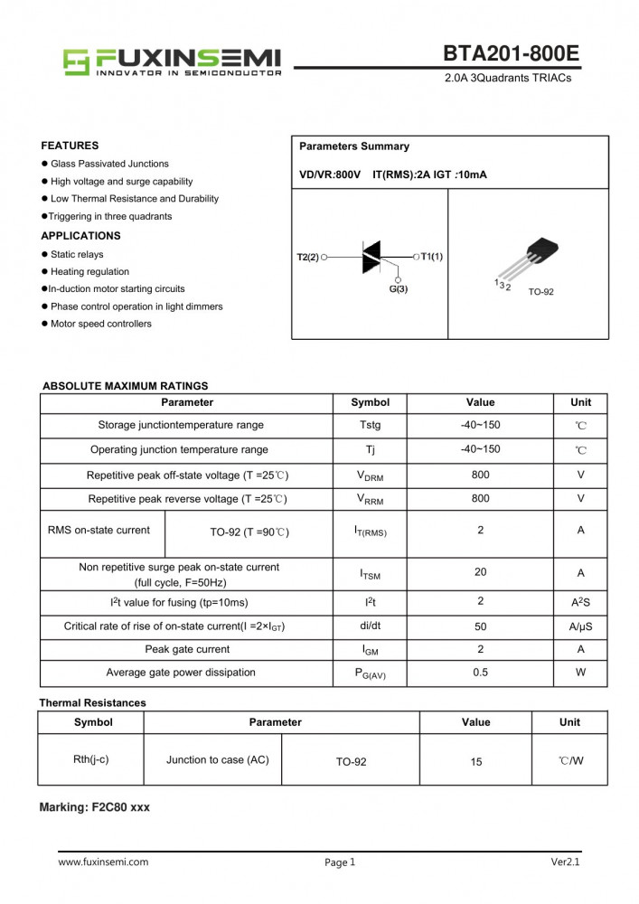BTA201-800E datasheet page 1
