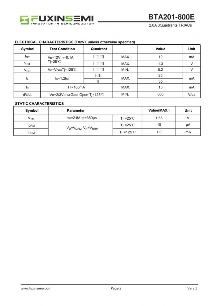BTA201-800E datasheet page 2