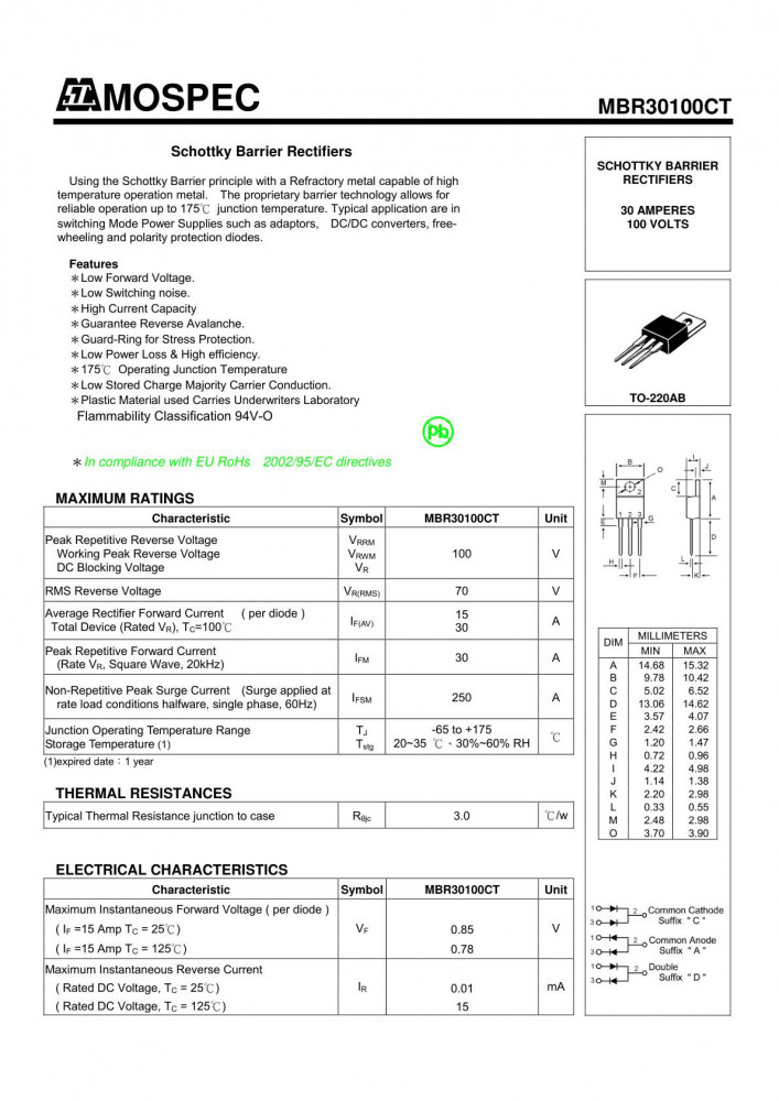 MBR30100CT technical datasheet page 1