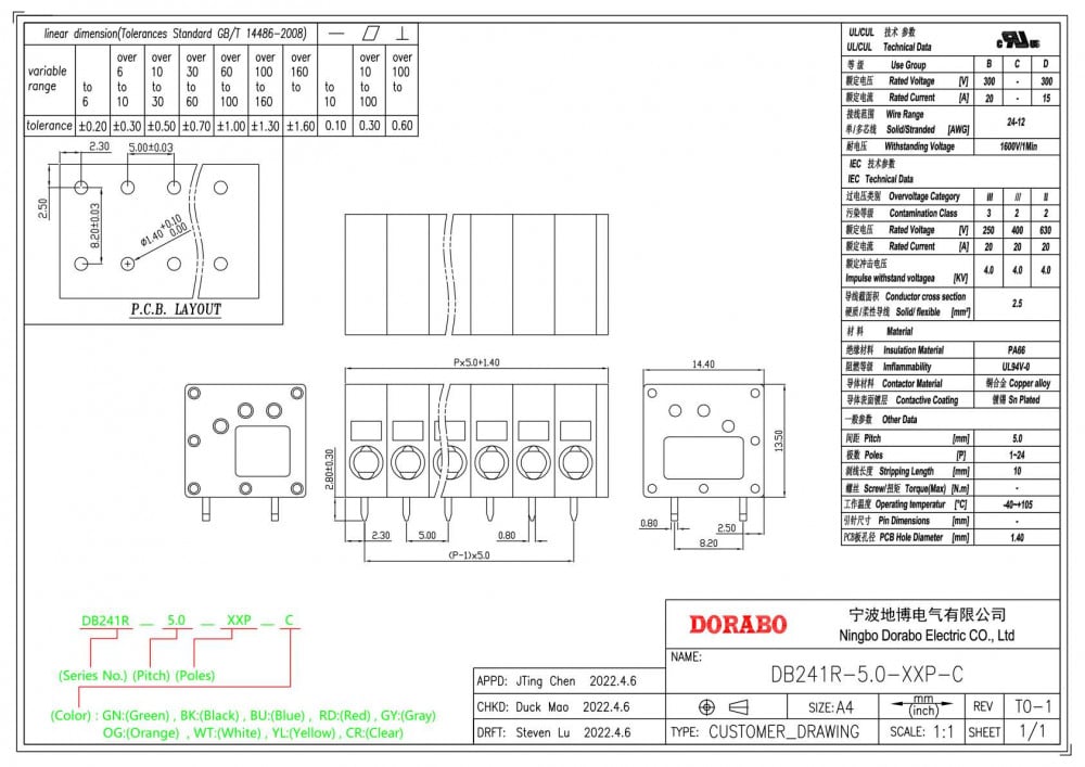 DORABO DB241R-5.0 terminal block drawing