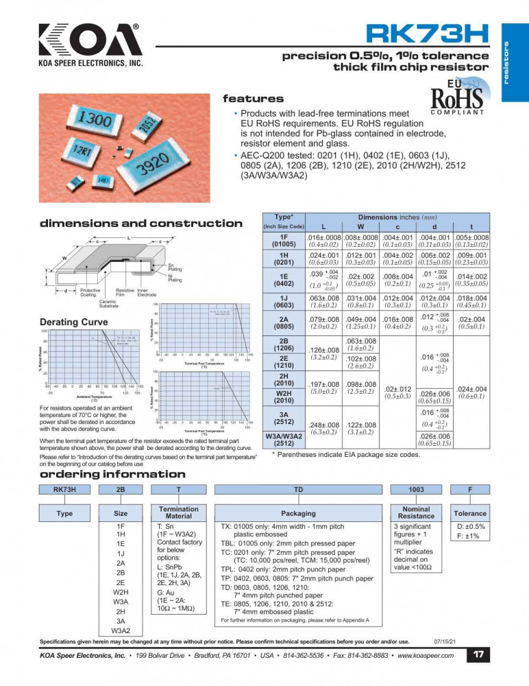 KOA RK73H datasheet page 1