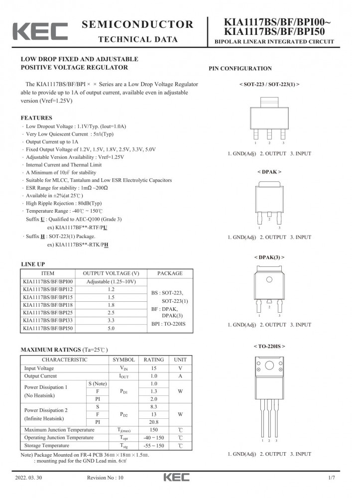 KIA1117BF33-RTF/P datasheet page 1