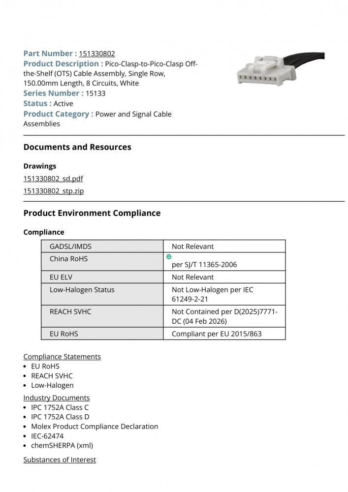 MOLEX 151330802 product drawing page 1