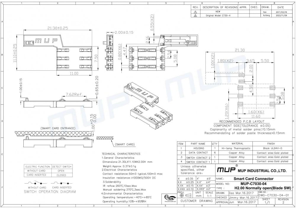 MUP C7030-04 smart card connector customer drawing