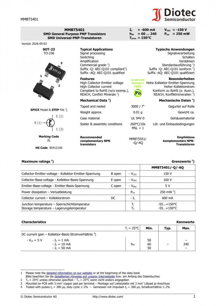 DIOTEC MMBT5401-AQ datasheet page 1