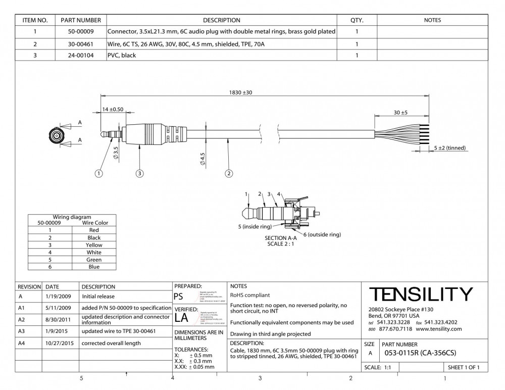Tensility 053-0115R cable assembly technical drawing