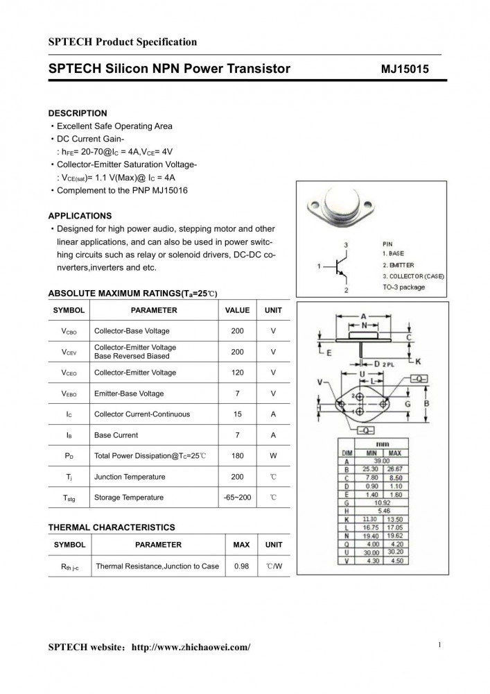 MJ15015 datasheet page 1
