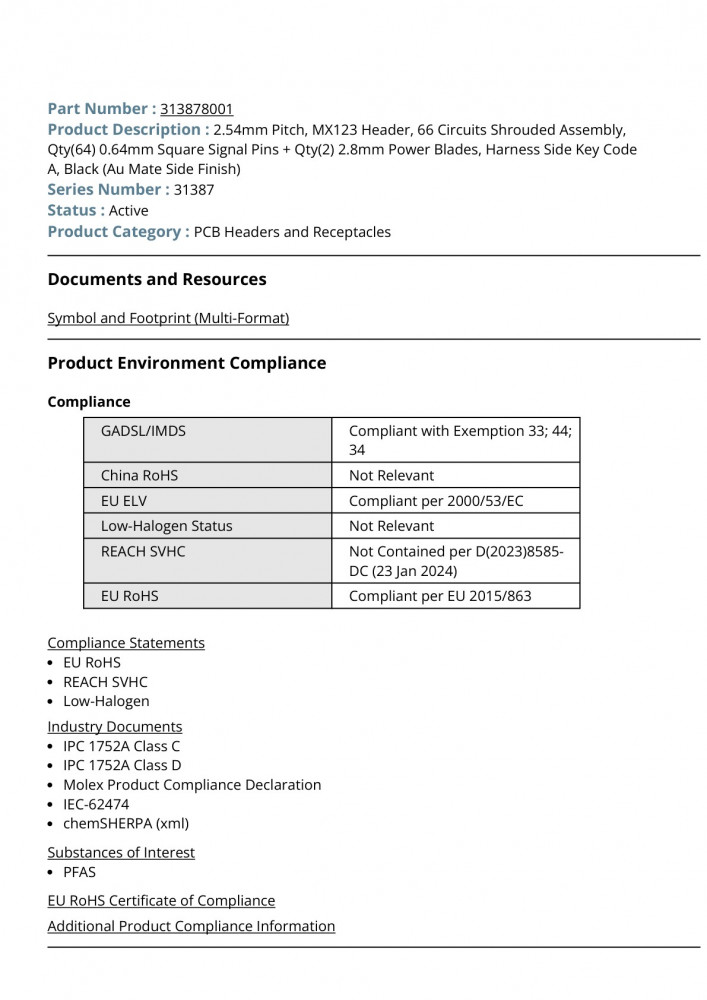 MOLEX 313878001 product document, page 1