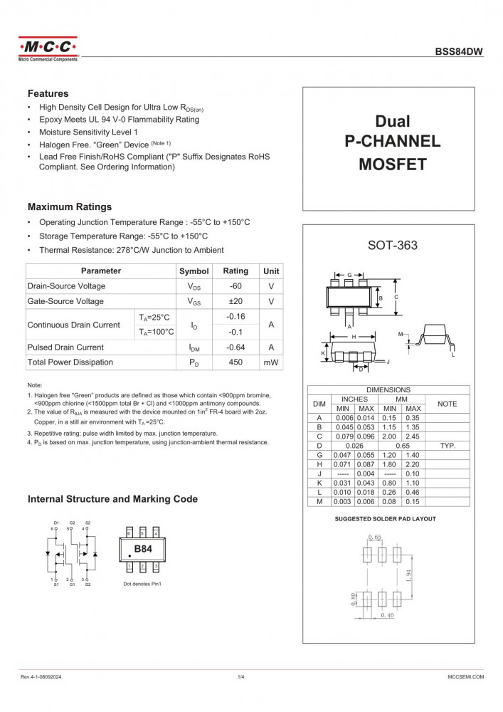 BSS84DW-TP datasheet page 1