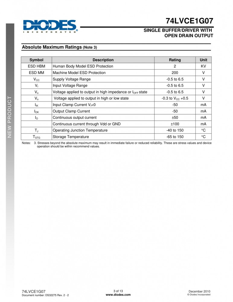 74LVCE1G07W5-7 datasheet page 3