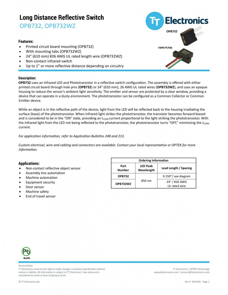 OPB732WZ technical document page 1
