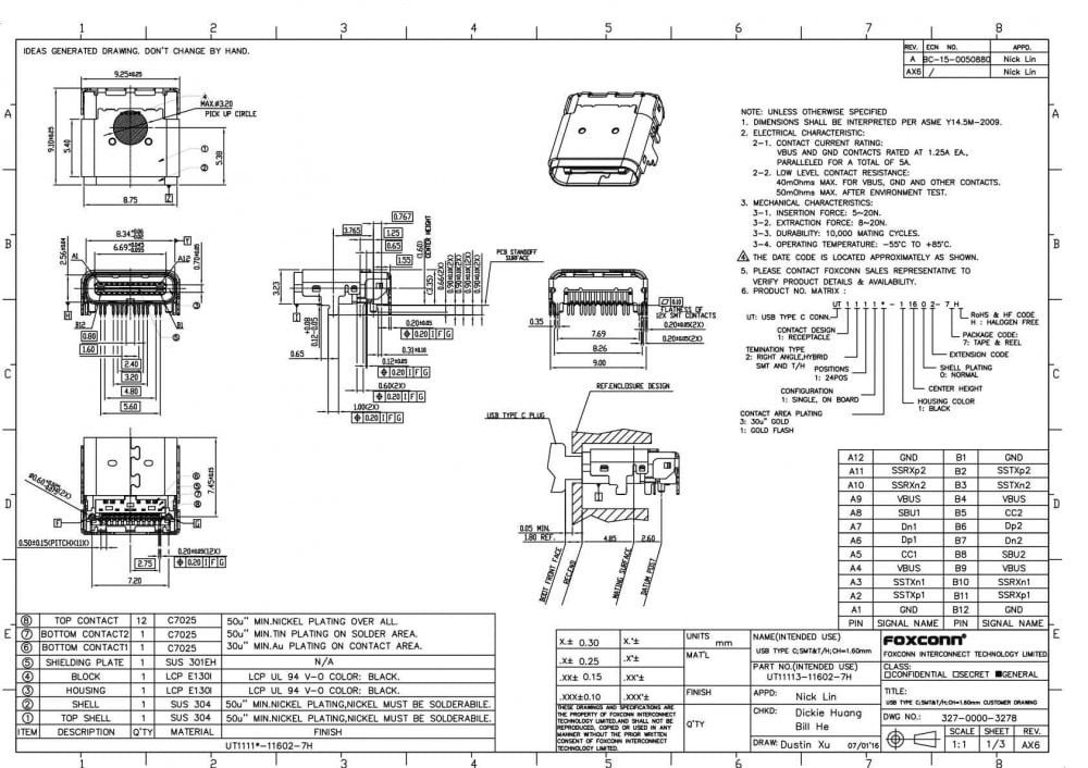 FOXCONN UT11113-11602-7H customer drawing page 1