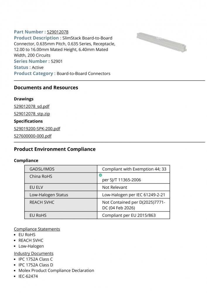 MOLEX 529012078 technical document preview, page 1
