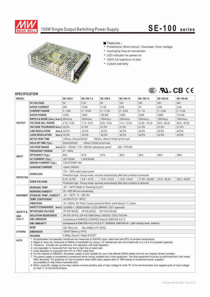 SE-100 specification sheet page 1