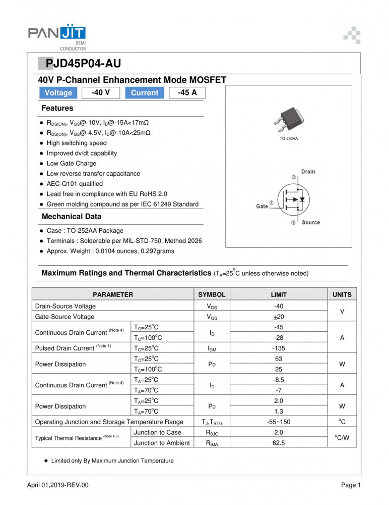 PJD45P04-AU datasheet page 1