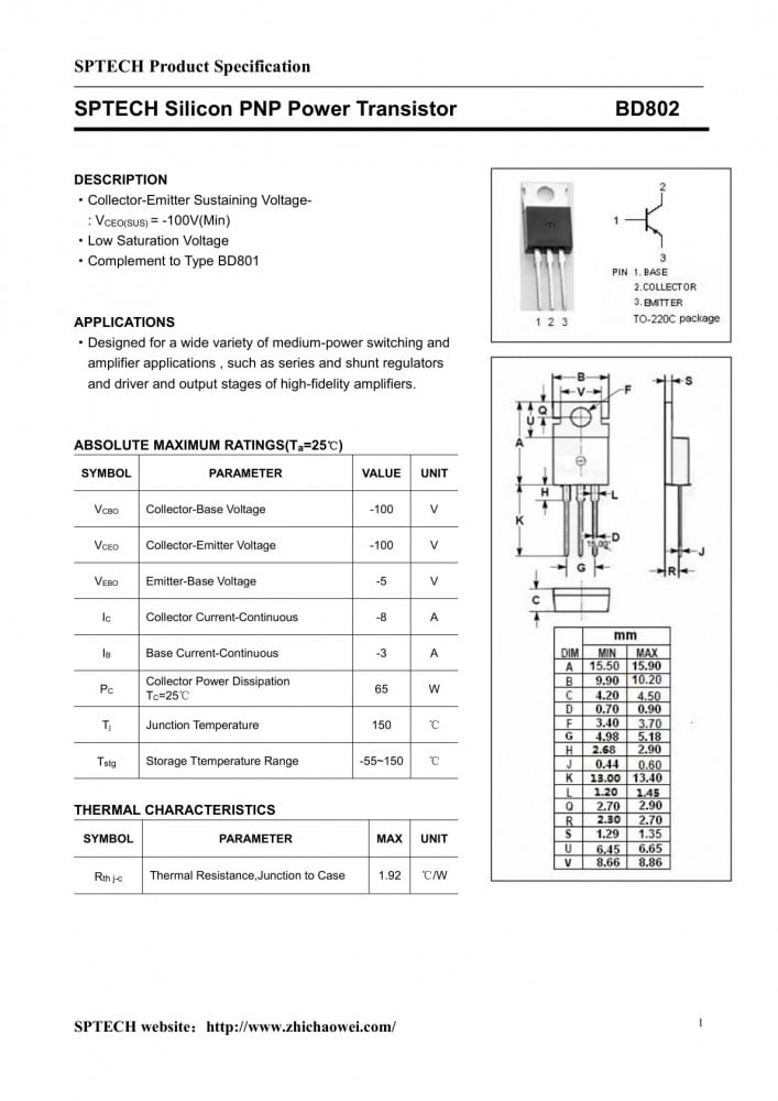 SPTECH BD802 datasheet page 1