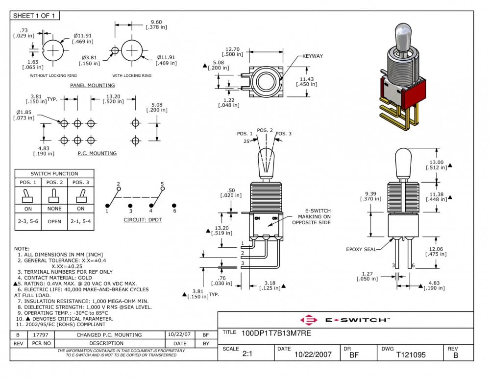 E-Switch 100DP1T7B13M7RE technical drawing