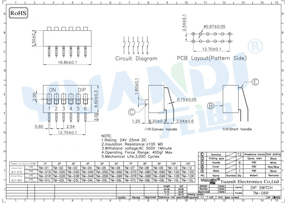 Yuandi TM-06R DIP switch technical drawing
