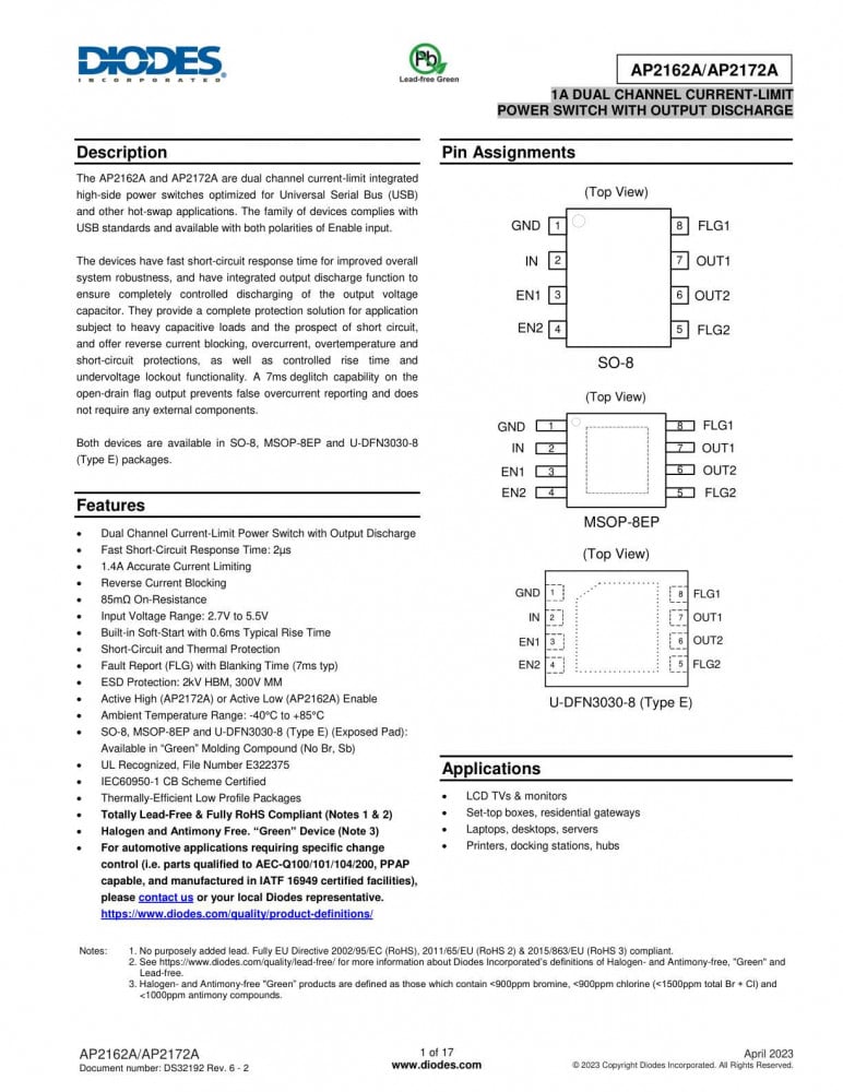 AP2172ASG-13 datasheet page 1
