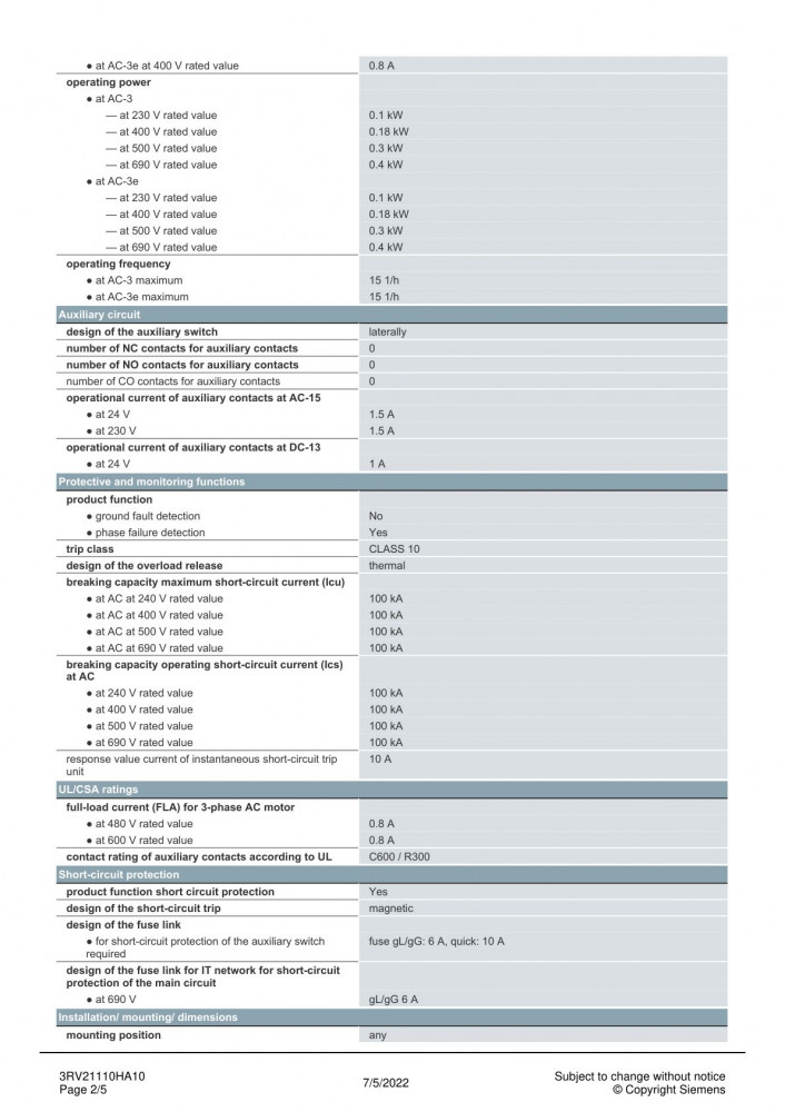 3RV21110HA10 datasheet page 2