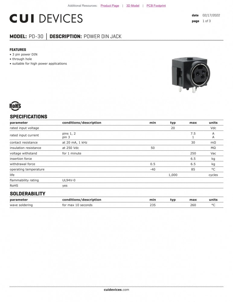 CUI PD-30 technical document page 1