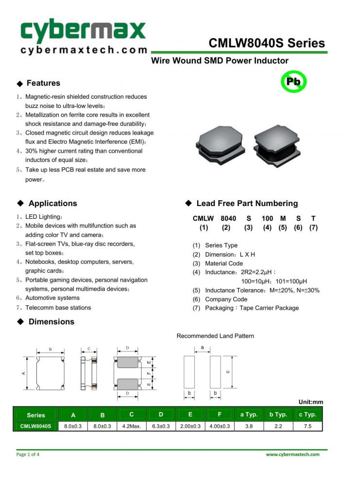 Cybermax CMLW8040S series datasheet page 1